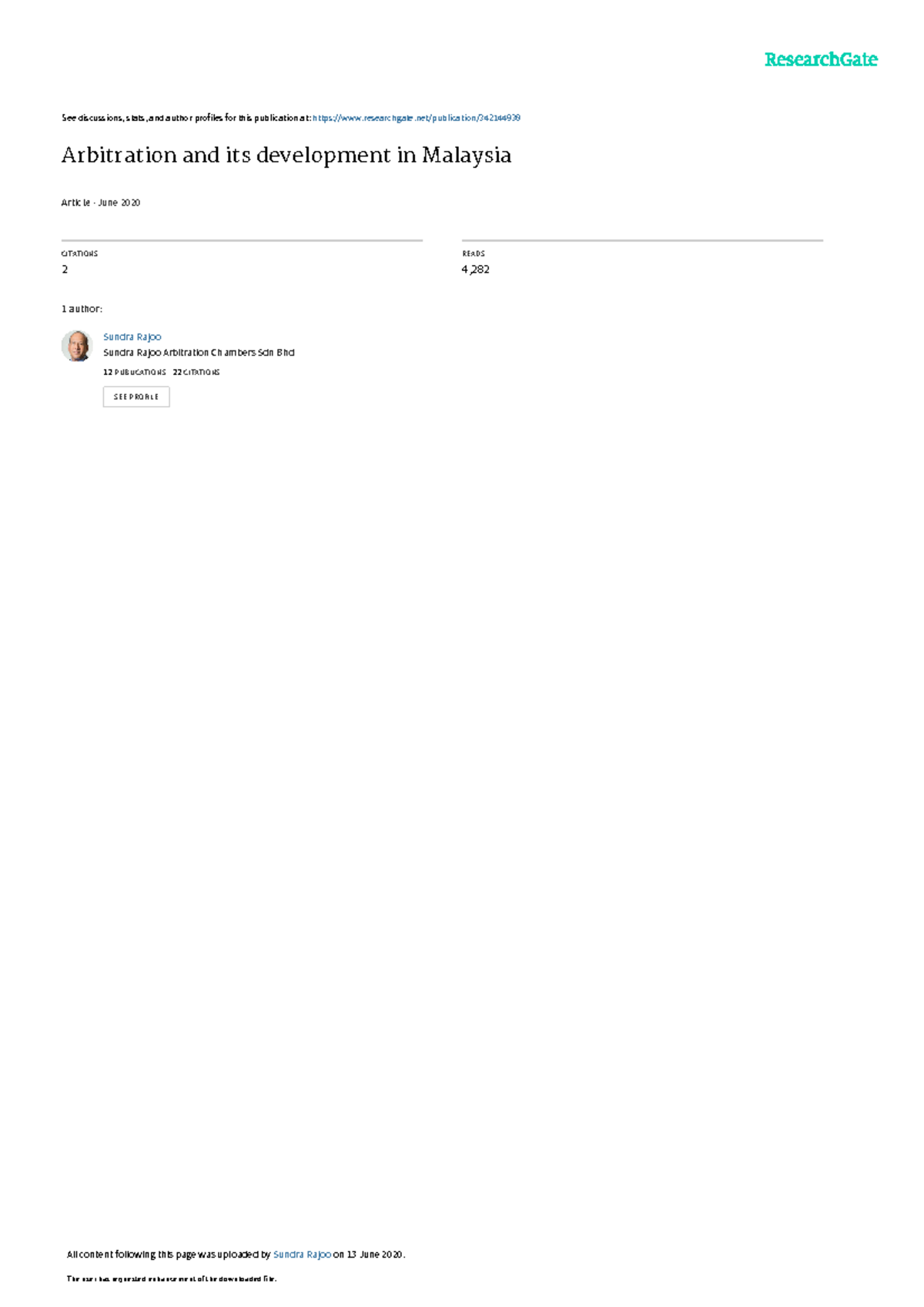 Article Development of Arbitration Malaysia Sundra rajoo 2020MLJA55 ...