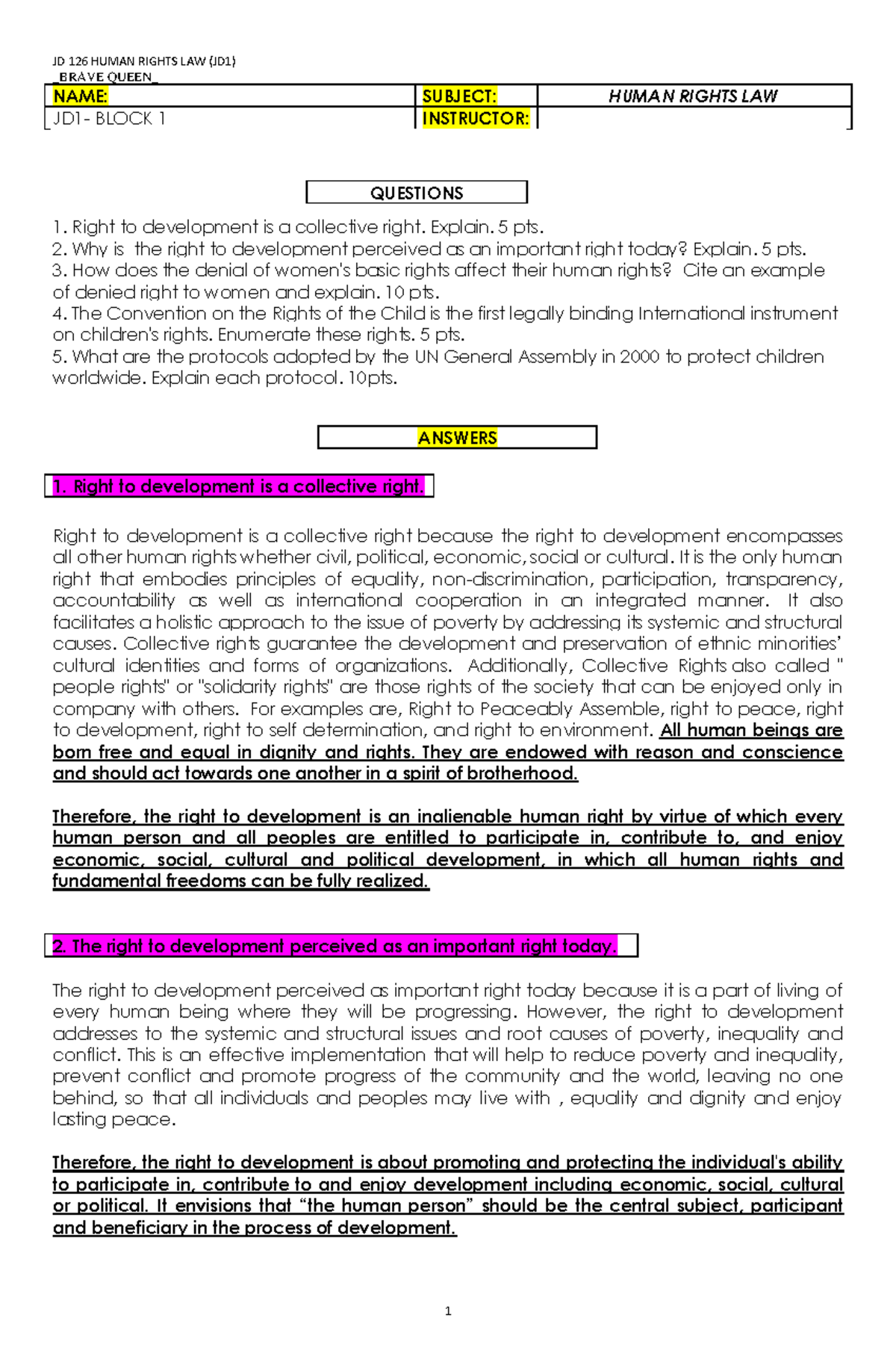 Human Rights Possible Questions 2 - BRAVE QUEEN NAME: SUBJECT: HUMAN ...