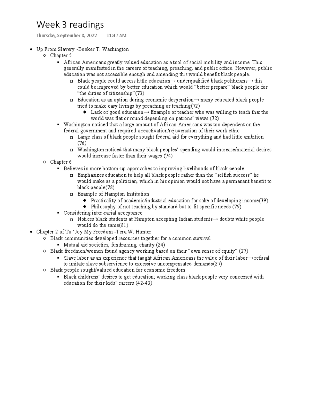 Hist125b week 3 reading notes - Up From Slavery -Booker T. Washington ...