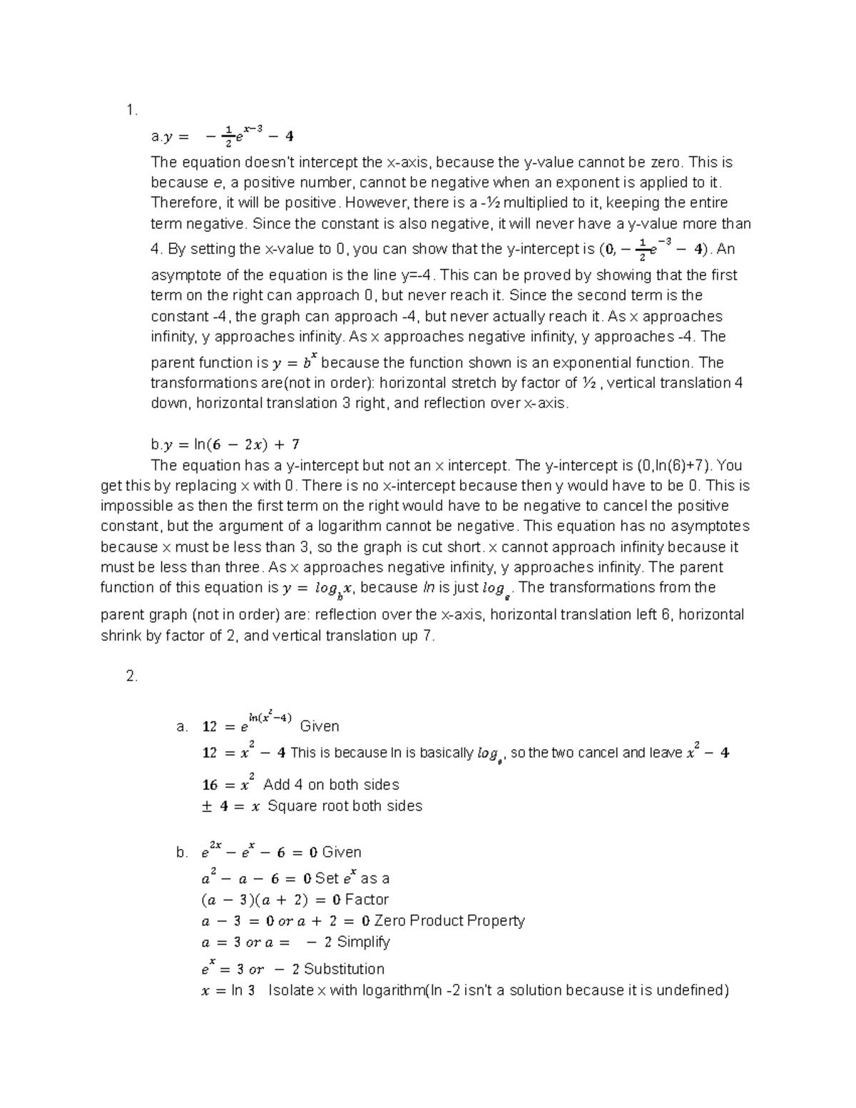 Unit 4 Show What You Know - 1. a.𝑦 = − 1 2 𝑒 𝑥− − 4 The equation doesn’t intercept the x-axis ...