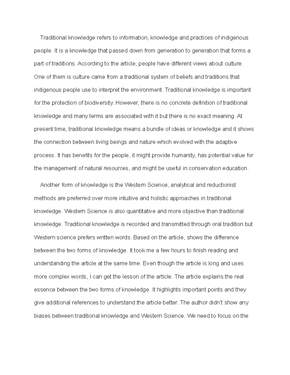 Traditional science reaction paper - Traditional knowledge refers to ...