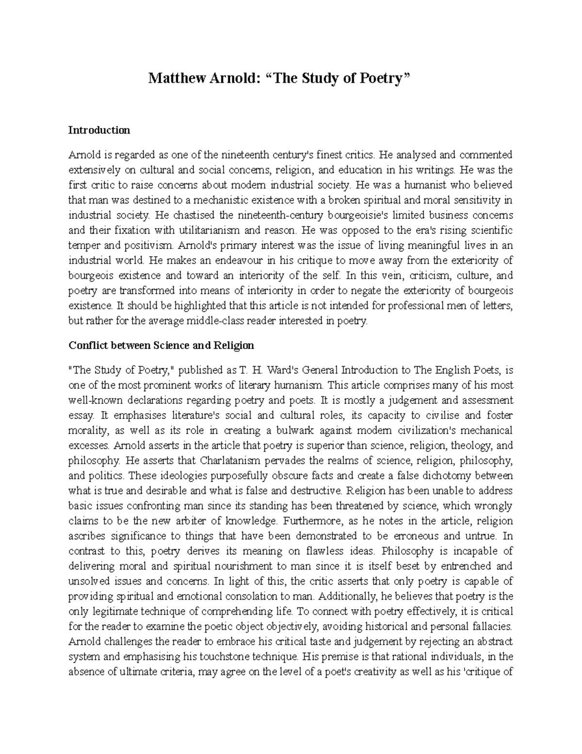 Matthew Arnold The Study of Poetry - Matthew Arnold: “The Study of ...