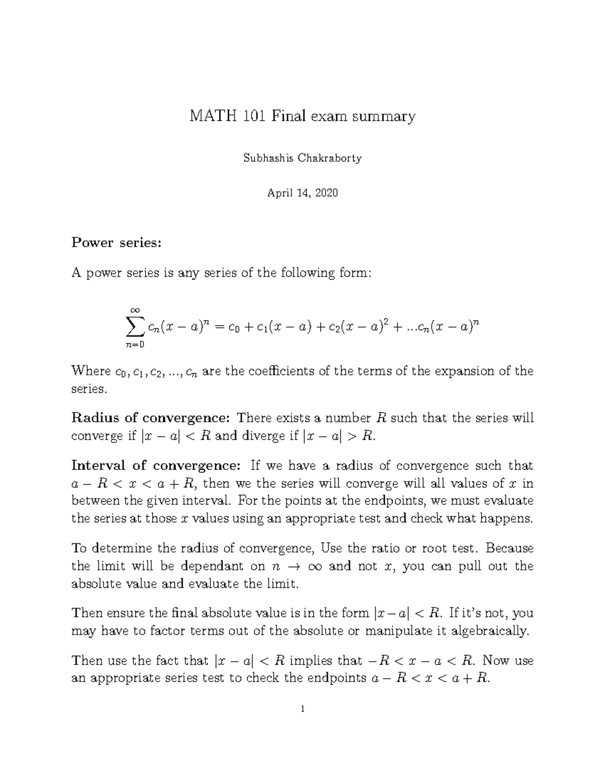 MATH 101 Final Exam Summary MATH 101 Final Exam Summary Subhashis 