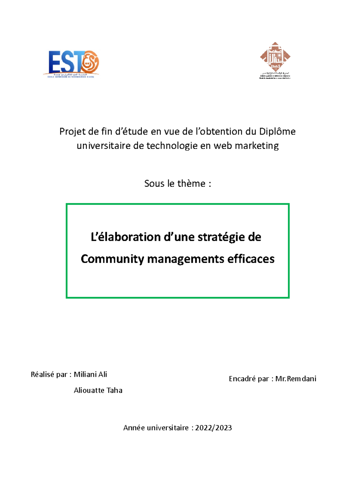 Pfe (1) - Projet de fin d’étude en vue de l’obtention du Diplôme ...