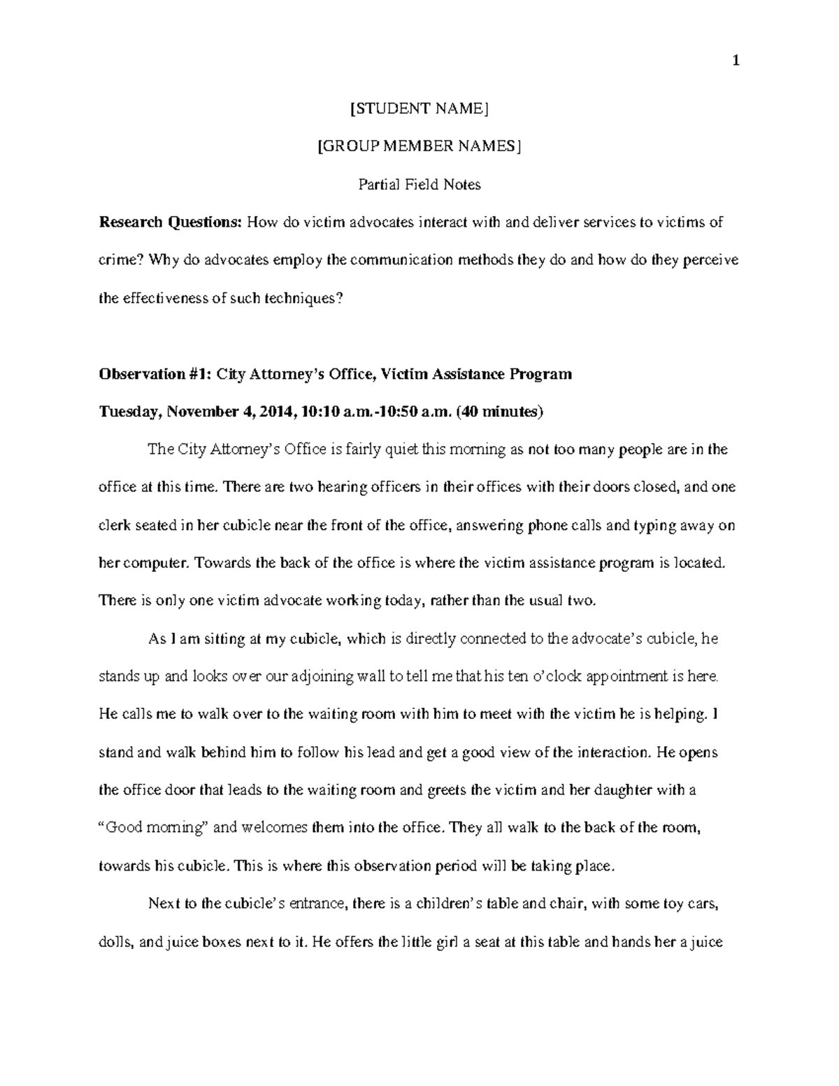 Student Example Observational Field Notes - 1 [STUDENT NAME] [GROUP ...