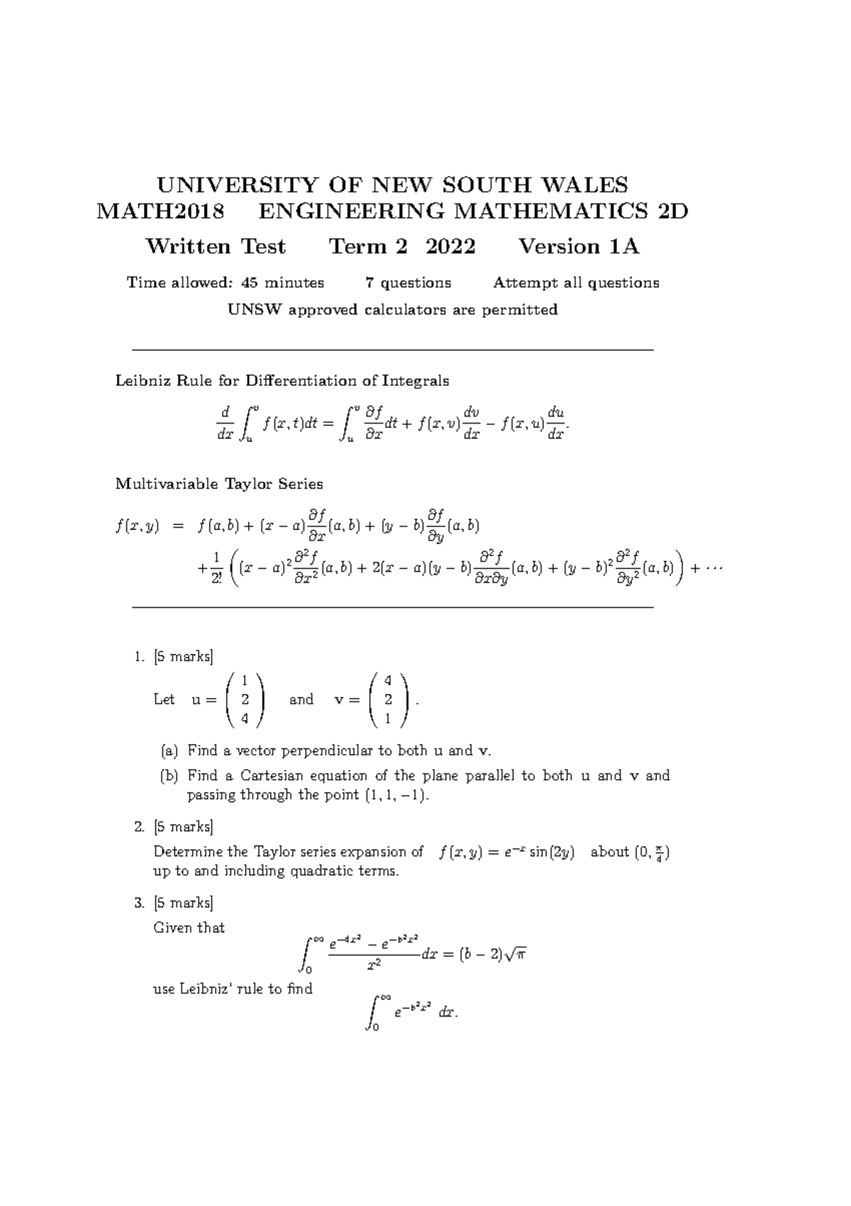 Written Test 1 - UNIVERSITY OF NEW SOUTH WALES MATH2018 ENGINEERING ...