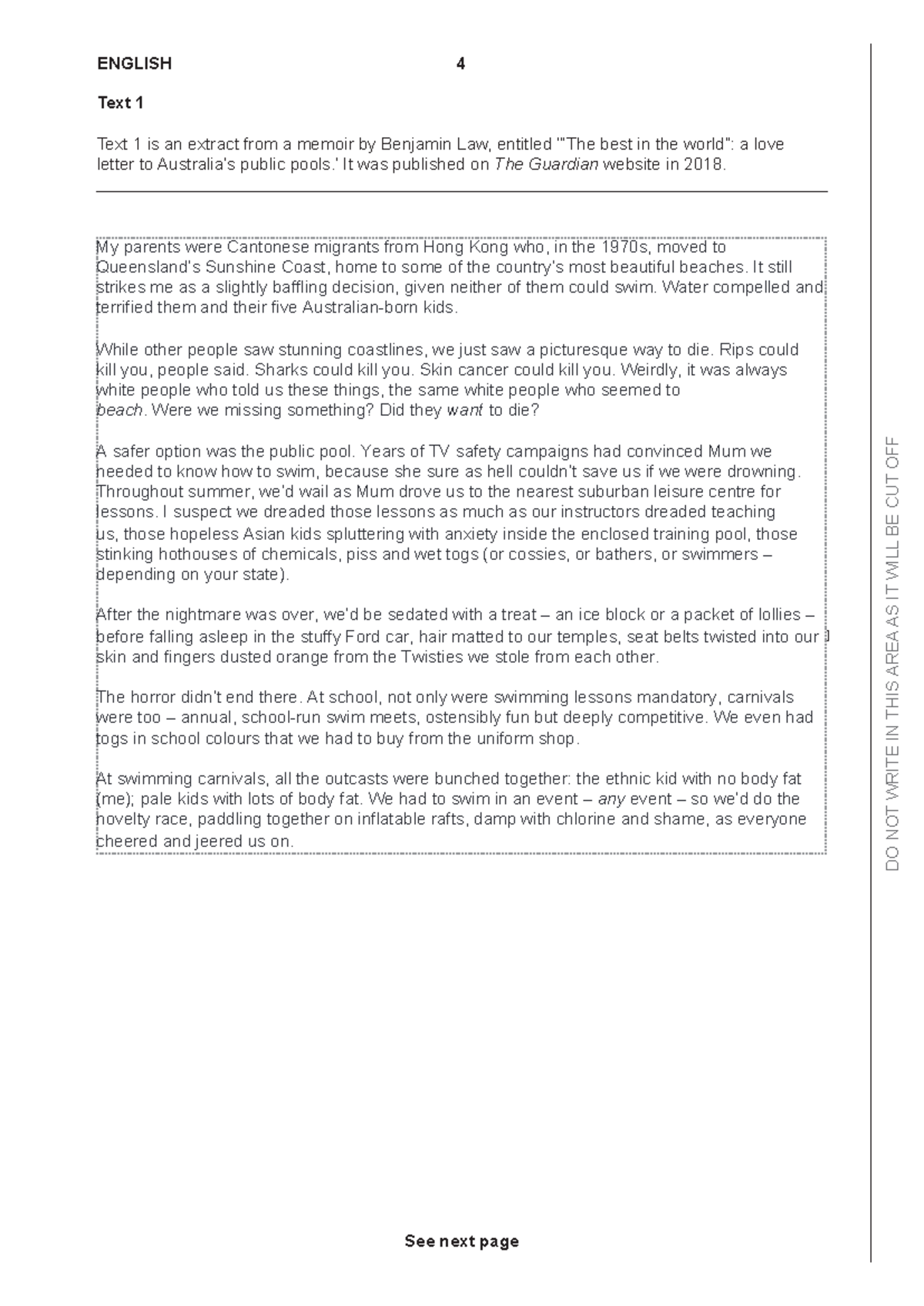 2020 WACE ENG Comprehending - DO NOT W RITE IN THIS AREA AS IT W ILL B ...