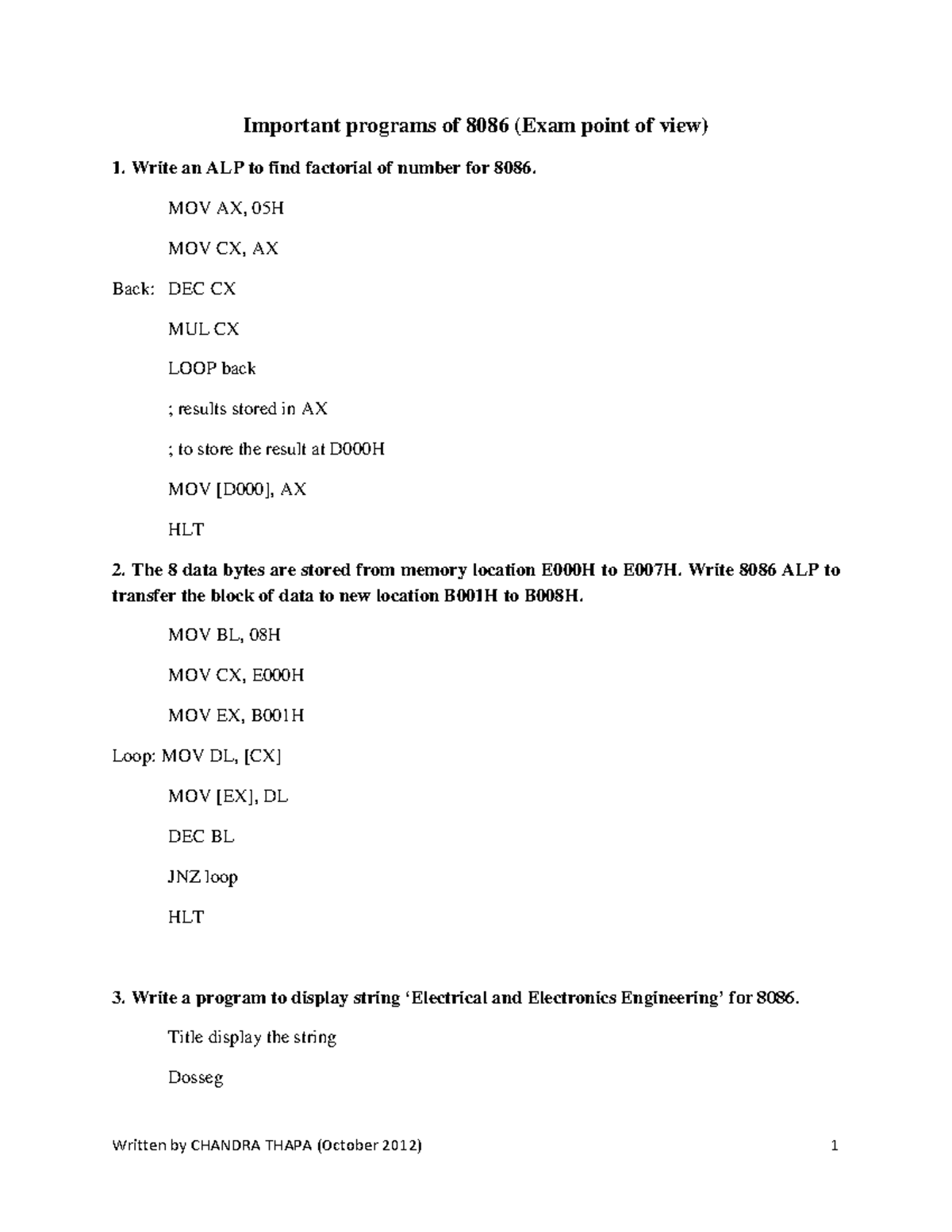 8086imp - important assembly code for 8086 - Important programs of 8086 (Exam point of view ...