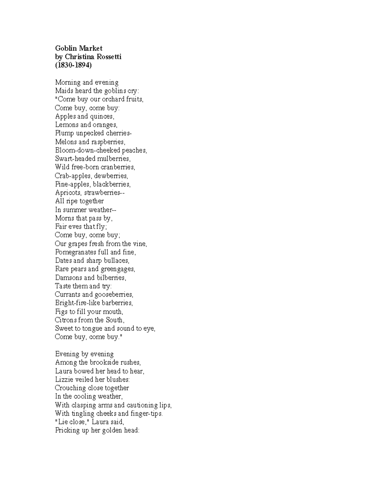 Rossetti Goblin Market - Goblin Market by Christina Rossetti (1830-1894 ...