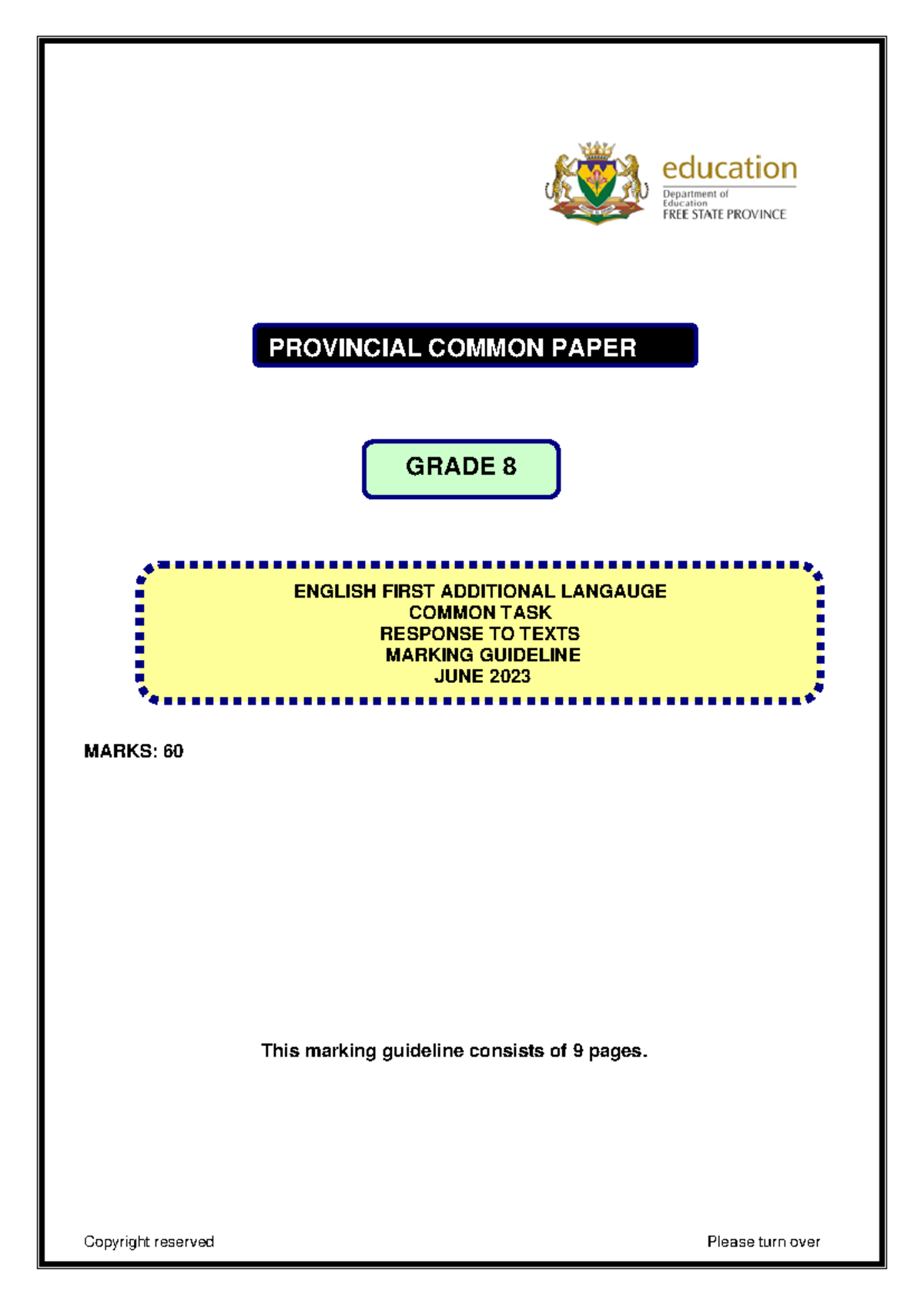 Final Grade 8 EFAL June 2023 MG - MARKS: 60 This marking guideline ...
