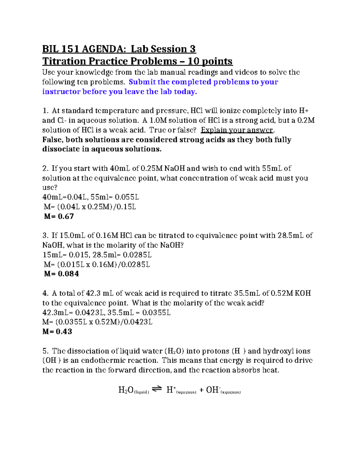 Tiration Problems - Titration Assignment - BIL 151 AGENDA: Lab Session 3 Titration Practice ...