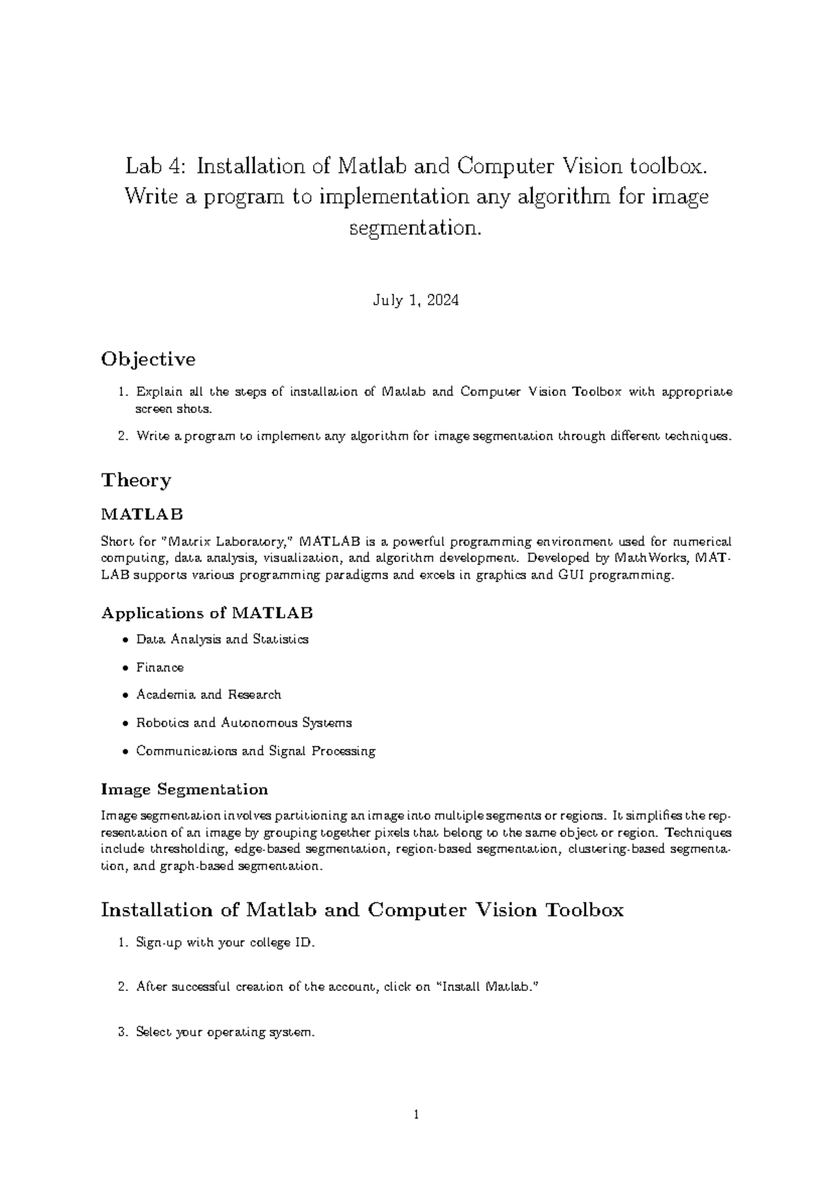 Lab4: Computer Vision Labs - Lab 4: Installation of Matlab and Computer ...