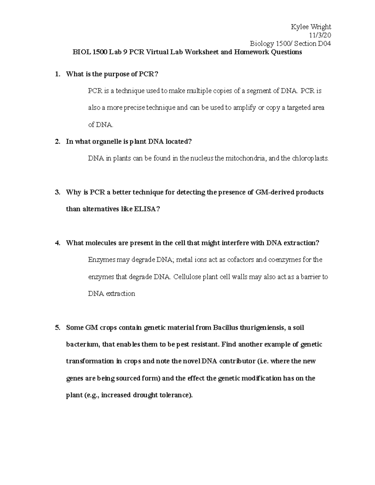 Lab 9 part 1 - Lab 9 part 1 - 11/3/ Biology 1500/ Section D BIOL 1500 ...