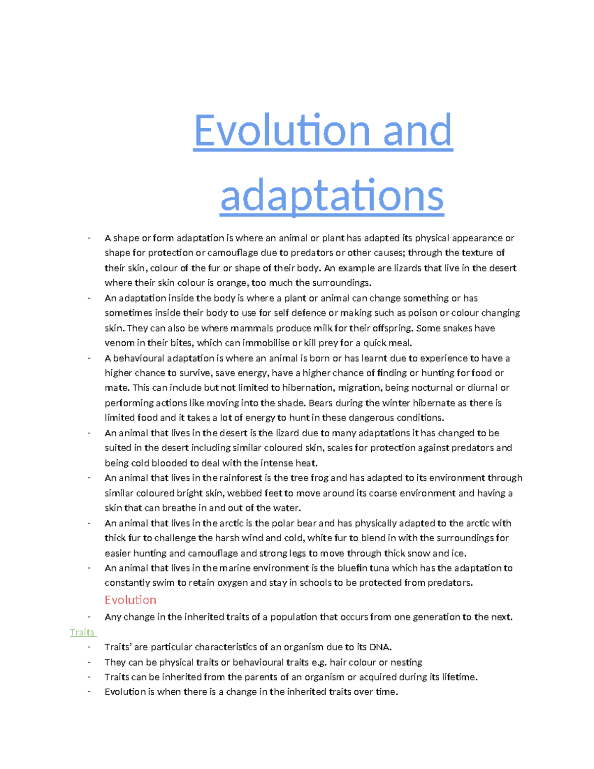 Science term 2 and 1 notes - Evolution and adaptations A shape or form ...