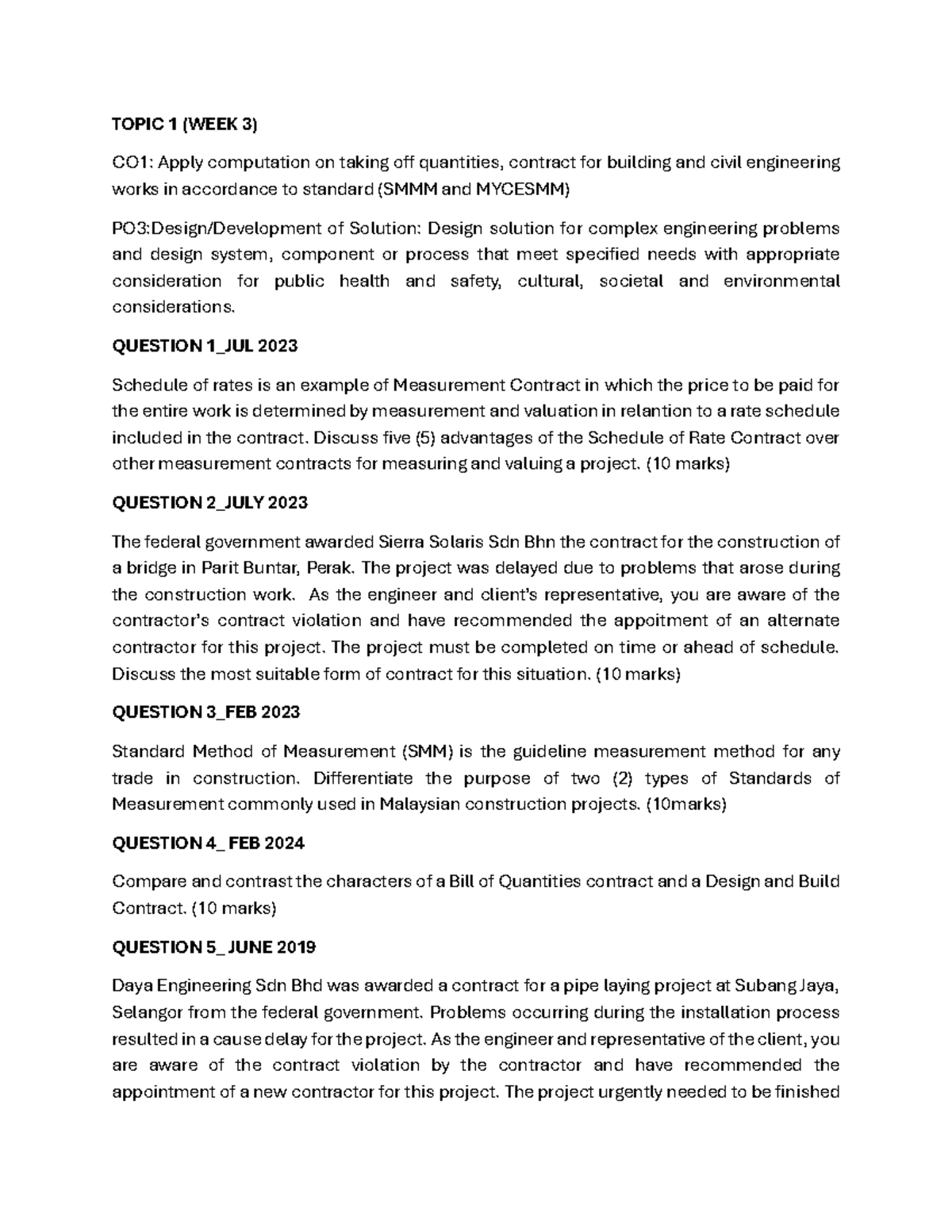 Topic 1 WEEK 3 - TOPIC 1 (WEEK 3) CO1: Apply computation on taking off quantities, contract for ...