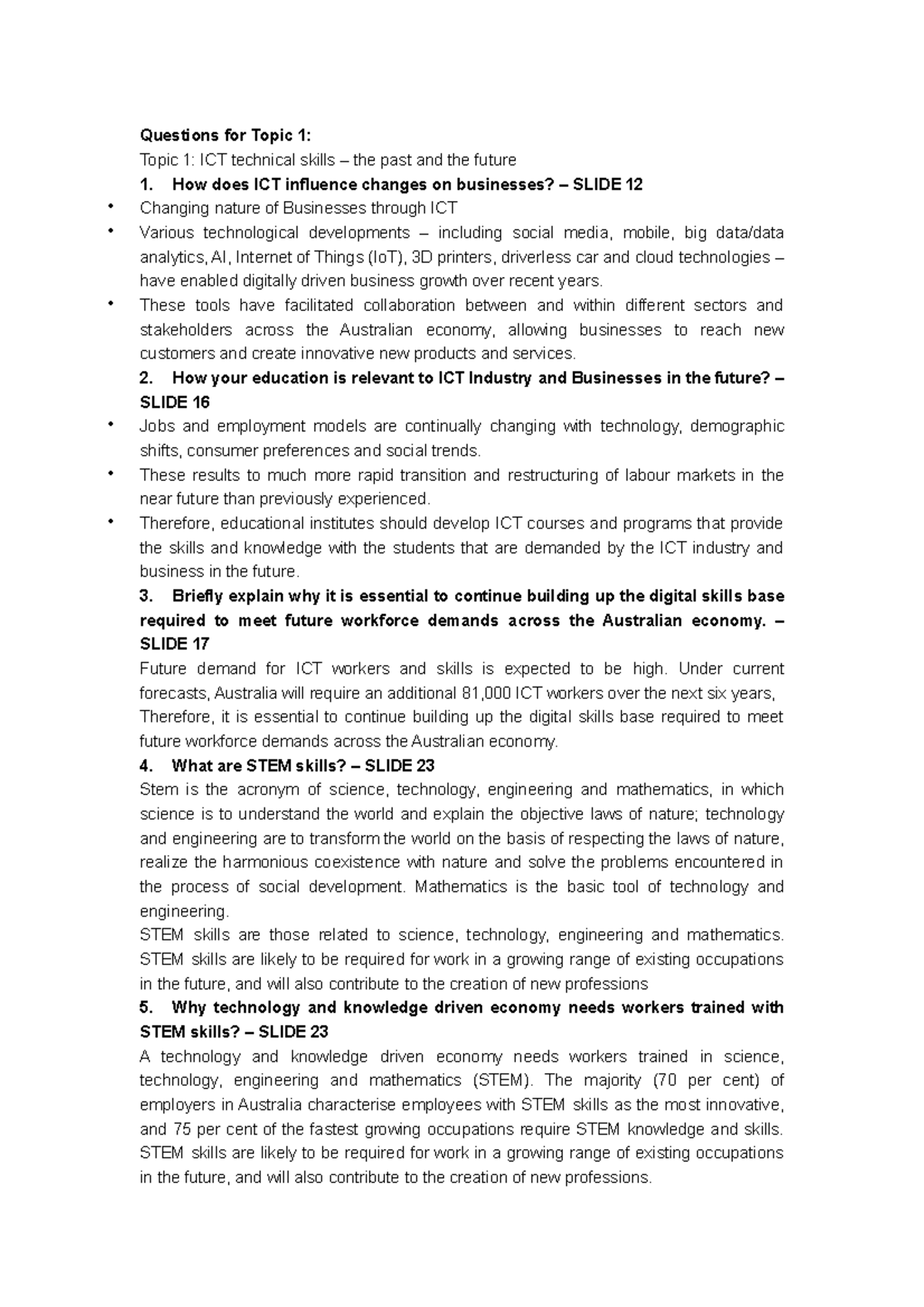 Topic 1-4 - Questions for Topic 1: Topic 1: ICT technical skills – the ...