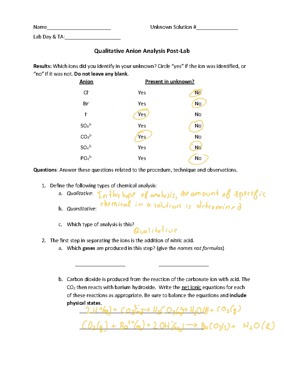 Anion Analysis Worksheet F22 - Name_______________________ Unknown Solution #_______________ Lab ...