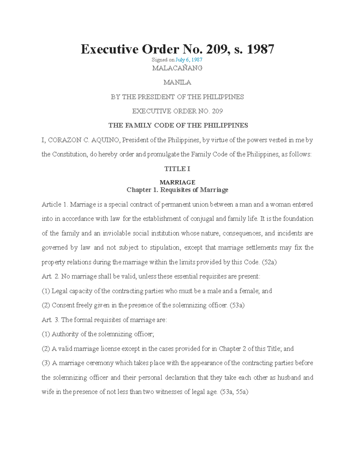 Executive-Order-No - .... - Executive Order No. 209, s. 1987 Signed on ...