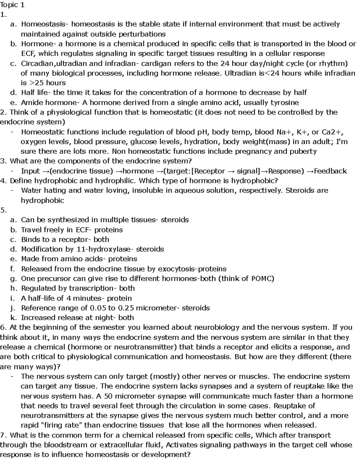 PGY lecture endocrine - Topic 1 1. a. Homeostasis- homeostasis is the ...