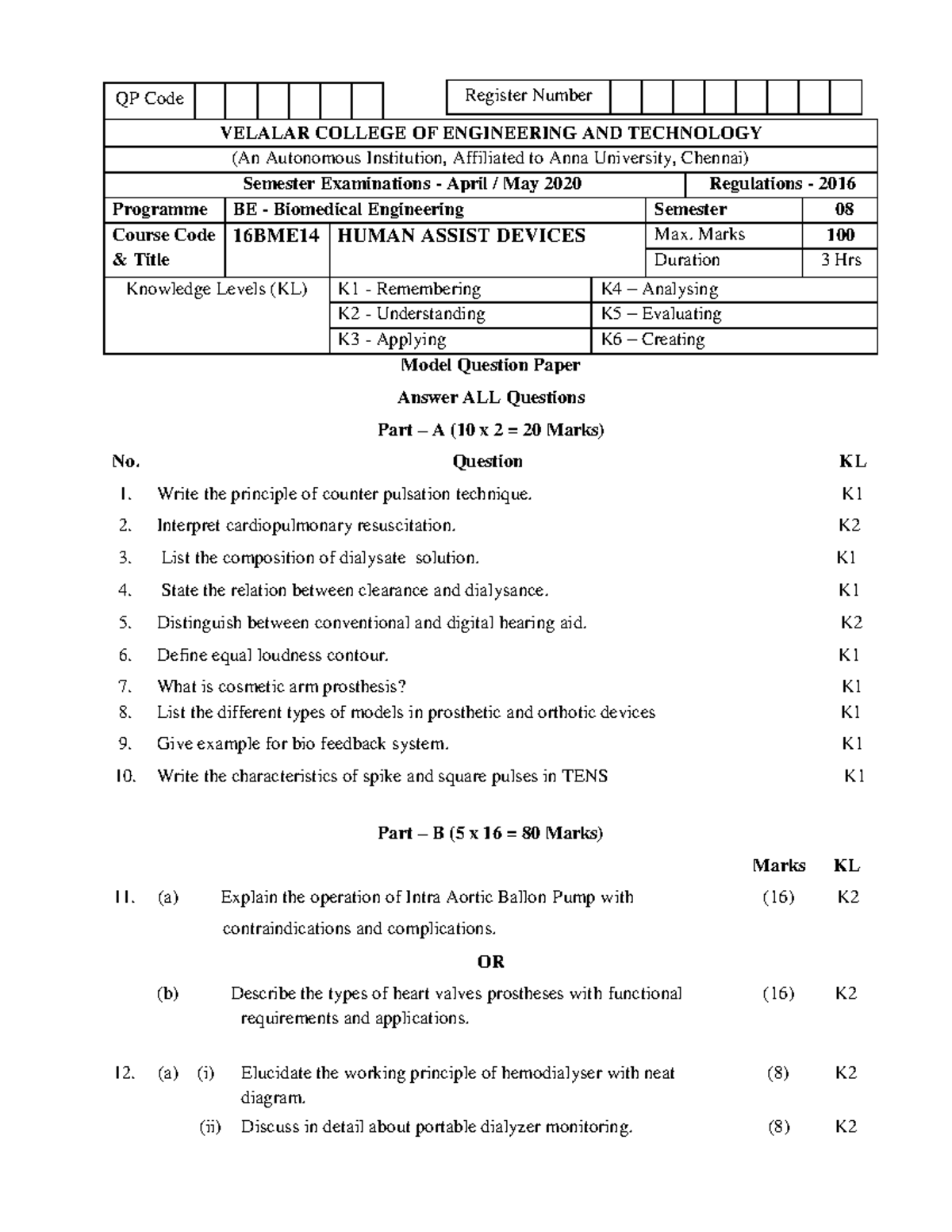 Human Assist Devices - QP Code VELALAR COLLEGE OF ENGINEERING AND ...