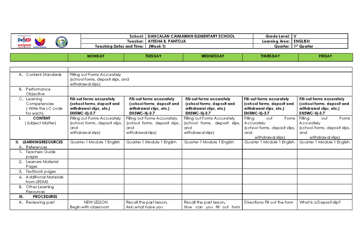 DLL WEEK 1 ENG - lgkjfndnhstsbshs - School: DANCALAN CAIMAWAN ...