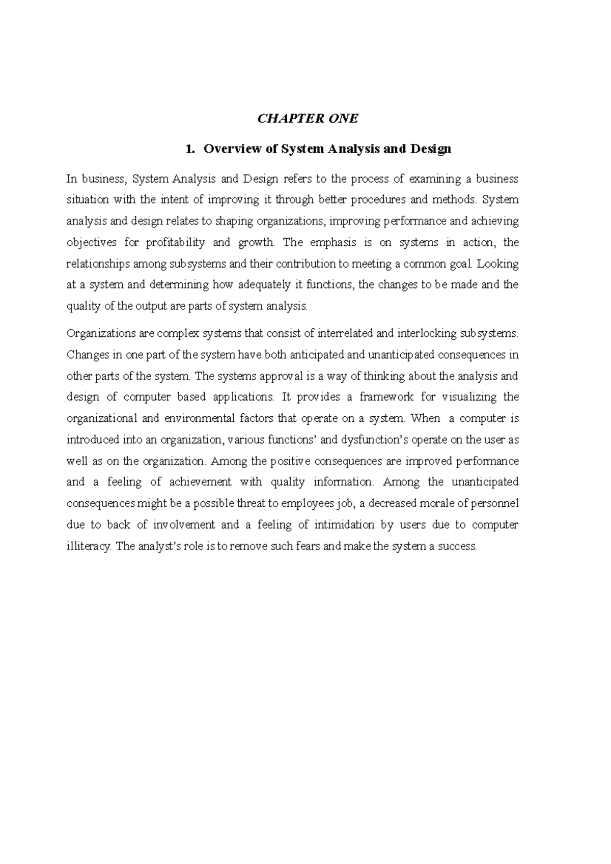 SAD Chapter ONE - Ayn - CHAPTER ONE 1. Overview of System Analysis and Design In business ...