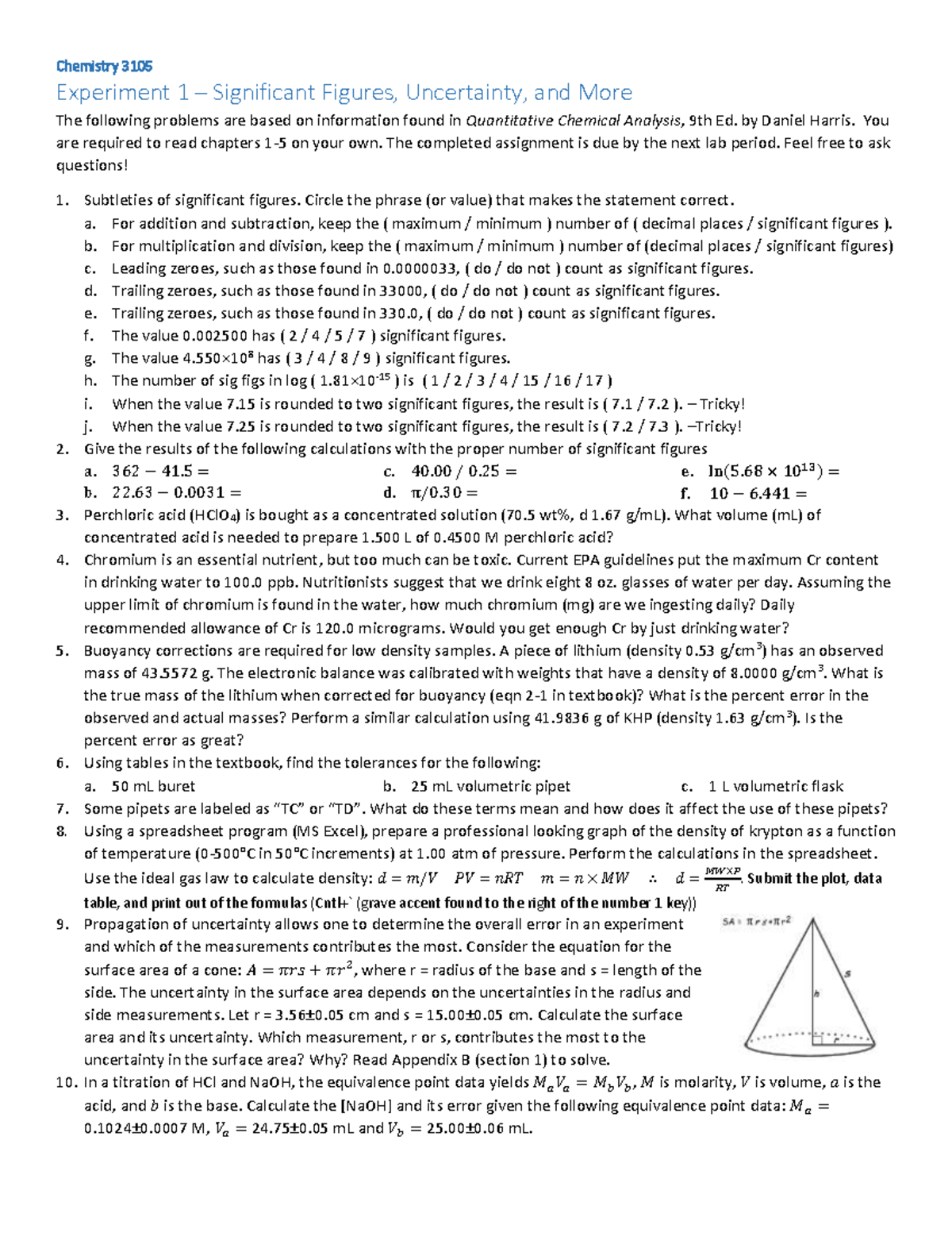 Experiment 1 - lab report - Chemistry 3105 Experiment 1 – Significant ...