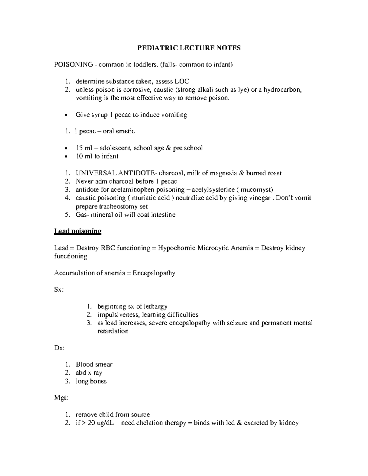 Pediatrics Lecture Notes - Poisoning - PEDIATRIC LECTURE NOTES ...