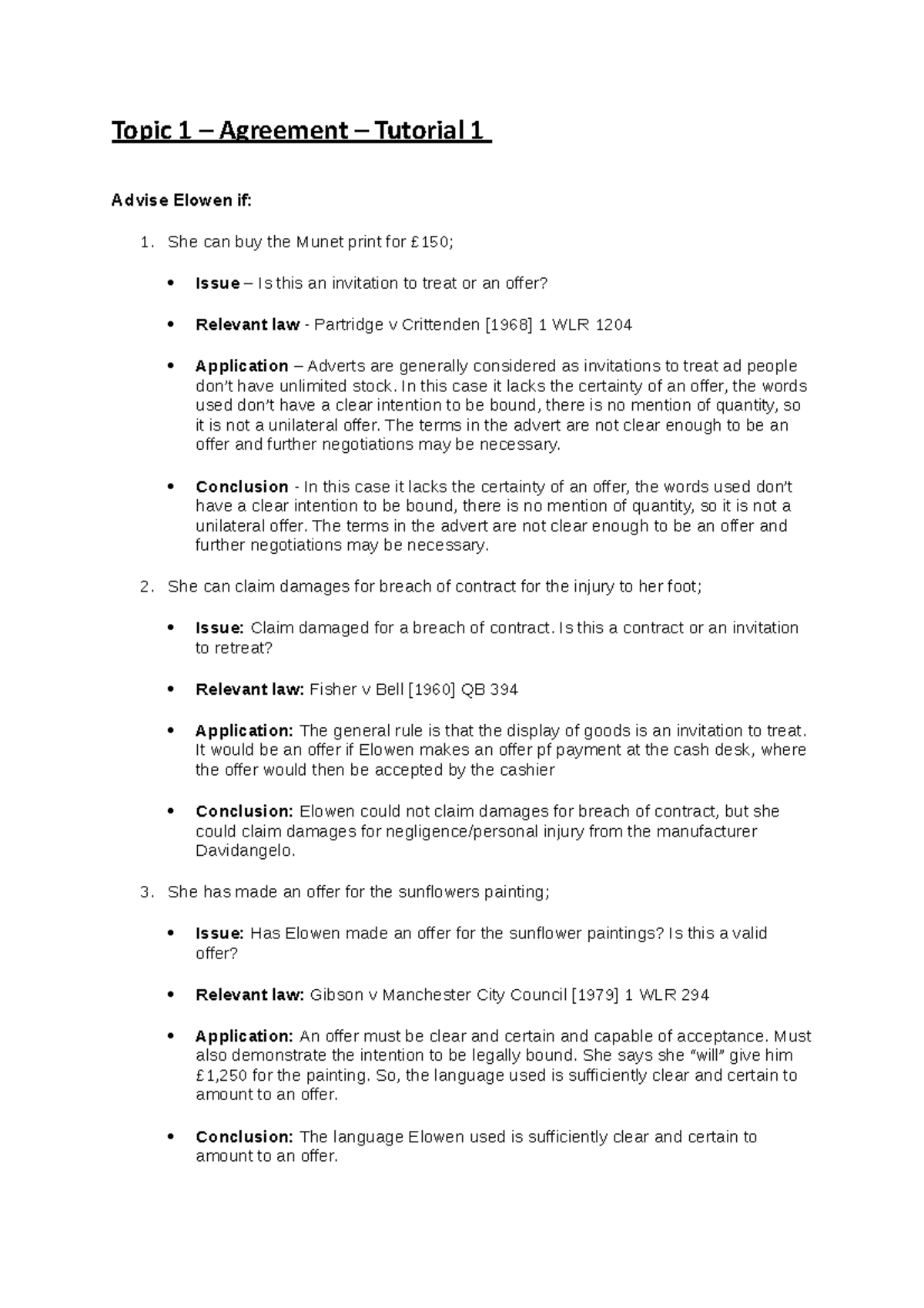 Topic 1 – Agreement – Tutorial 1 - Topic 1 Agreement Tutorial 1 Advise ...