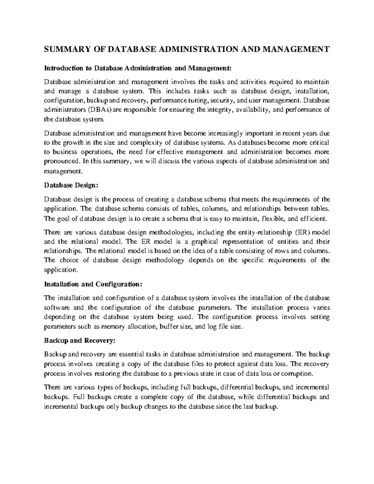 Summary of Database Administration and Management - SUMMARY OF DATABASE ...