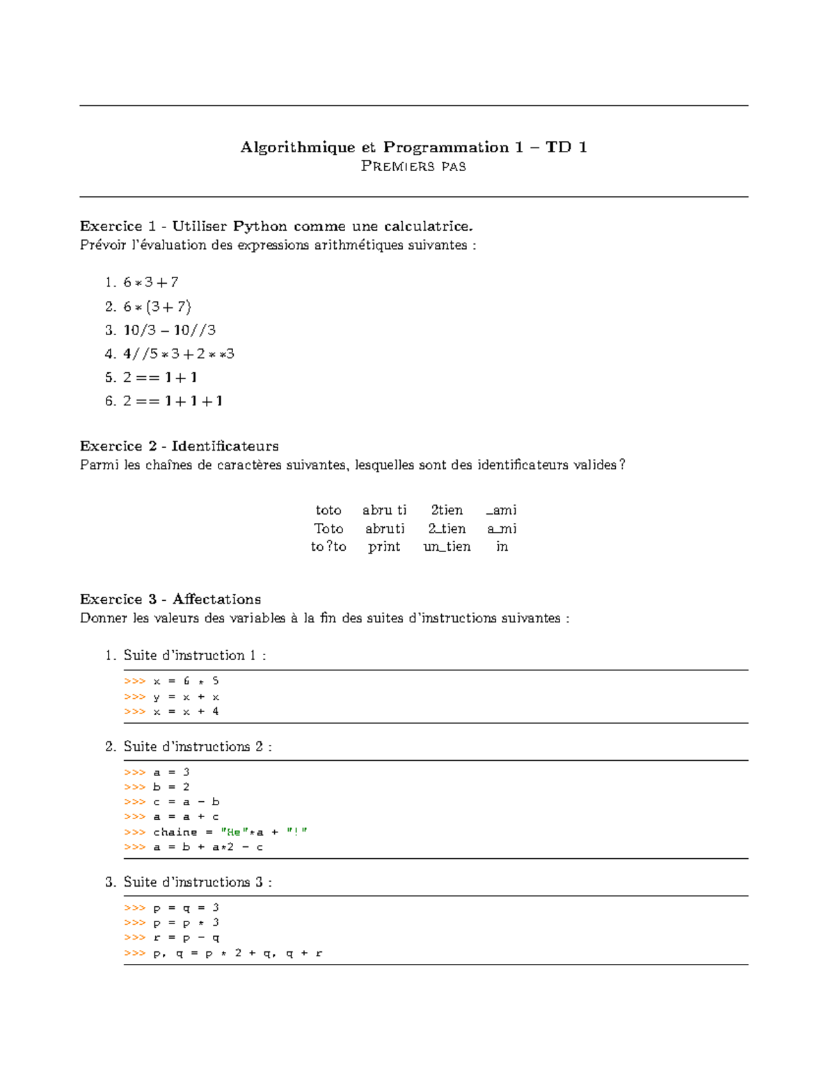 TD1 algorithme et prog - Algorithmique et Programmation 1 – TD 1 Premiers pas Exercice 1 ...