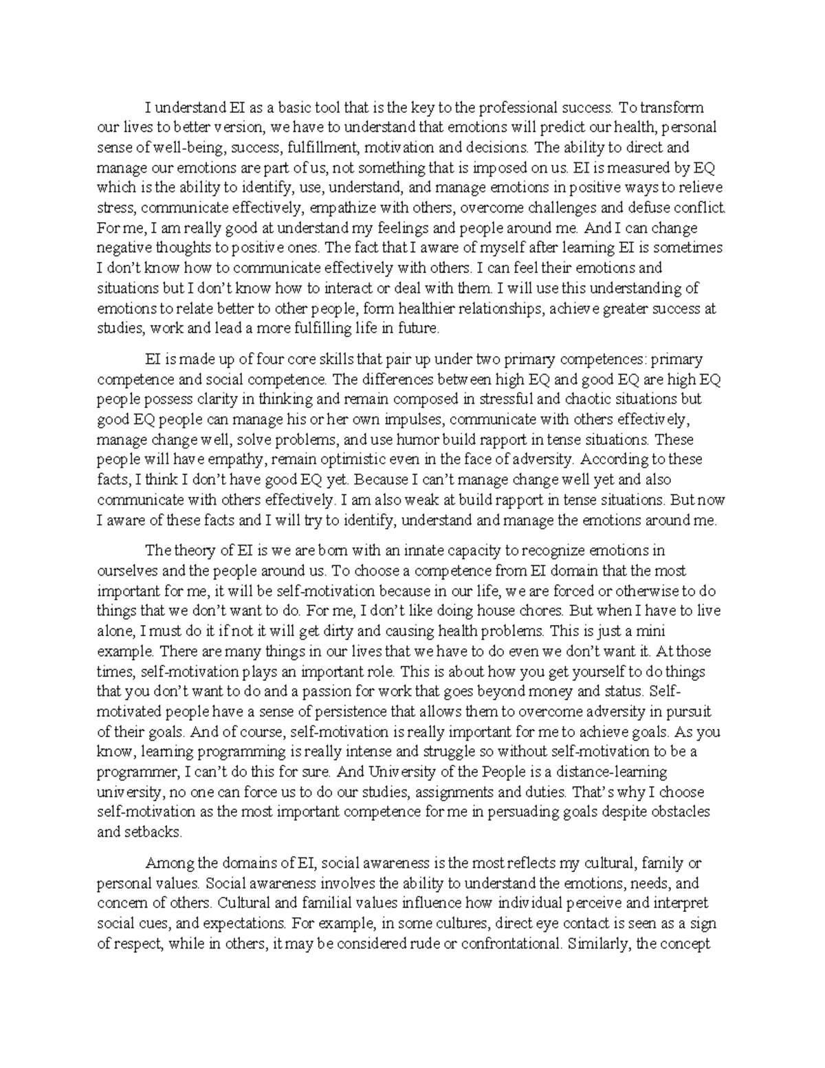 Learning Journal 1 - Unit 1 assignment - I understand EI as a basic tool that is the key to the ...