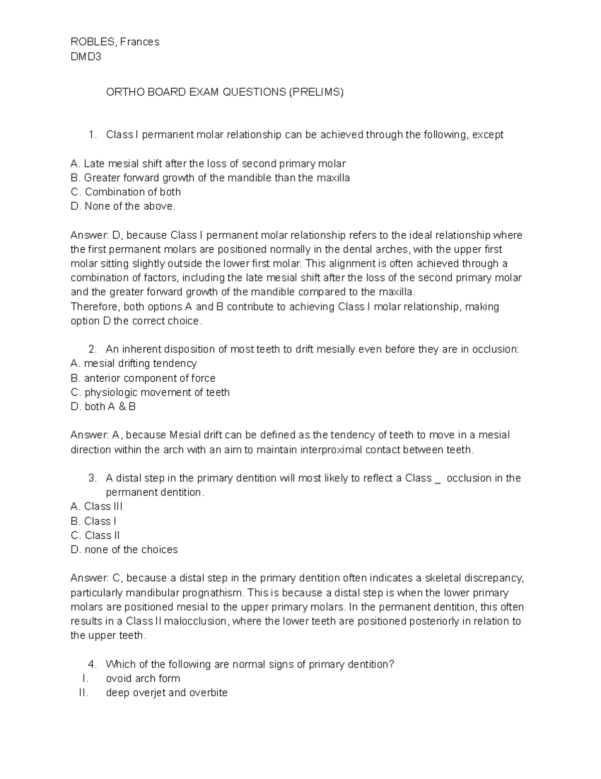 Roblesorthobeq - DMD ORTHO BOARD EXAM QUESTIONS (PRELIMS) Class I ...