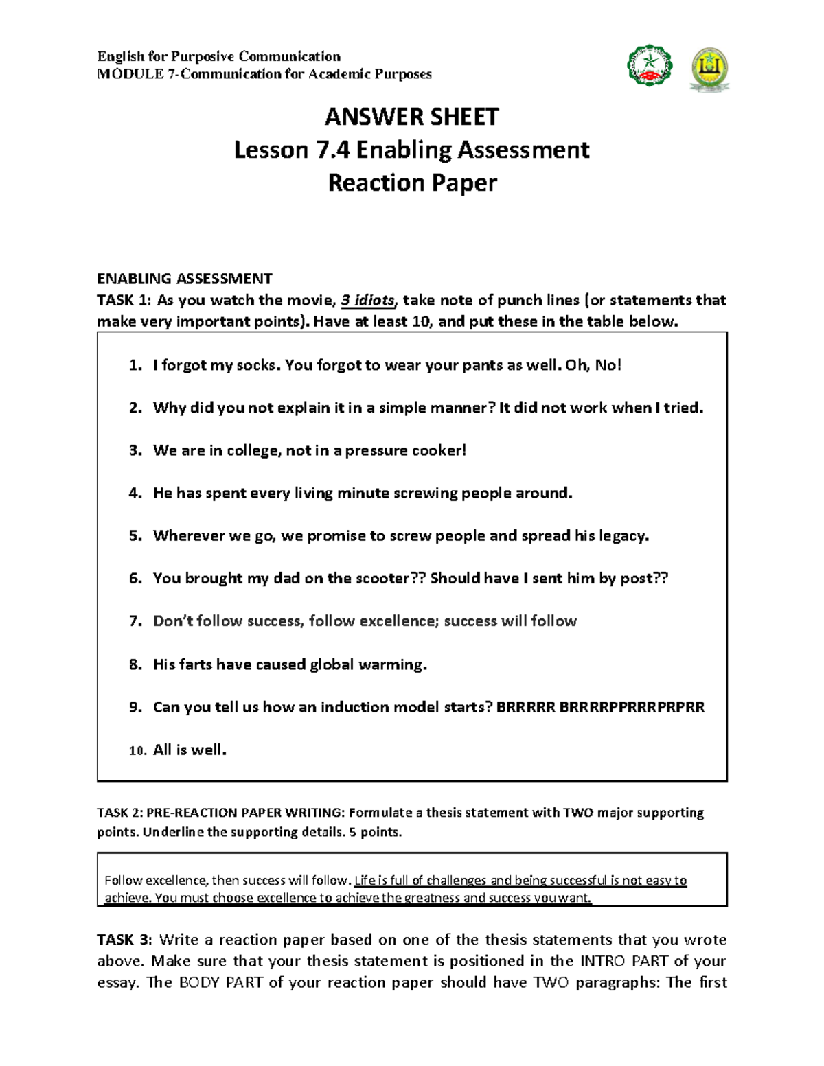 English-3 Idiots Reaction Paperpdf - English for Purposive ...