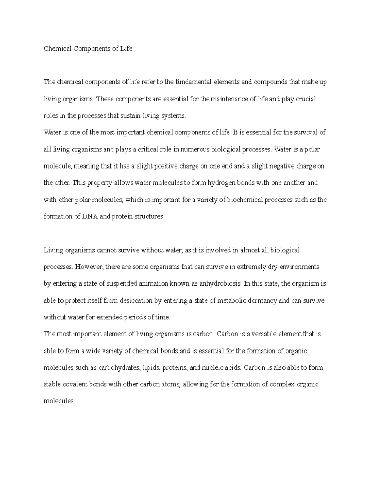 Chemical components of life - These components are essential for the ...