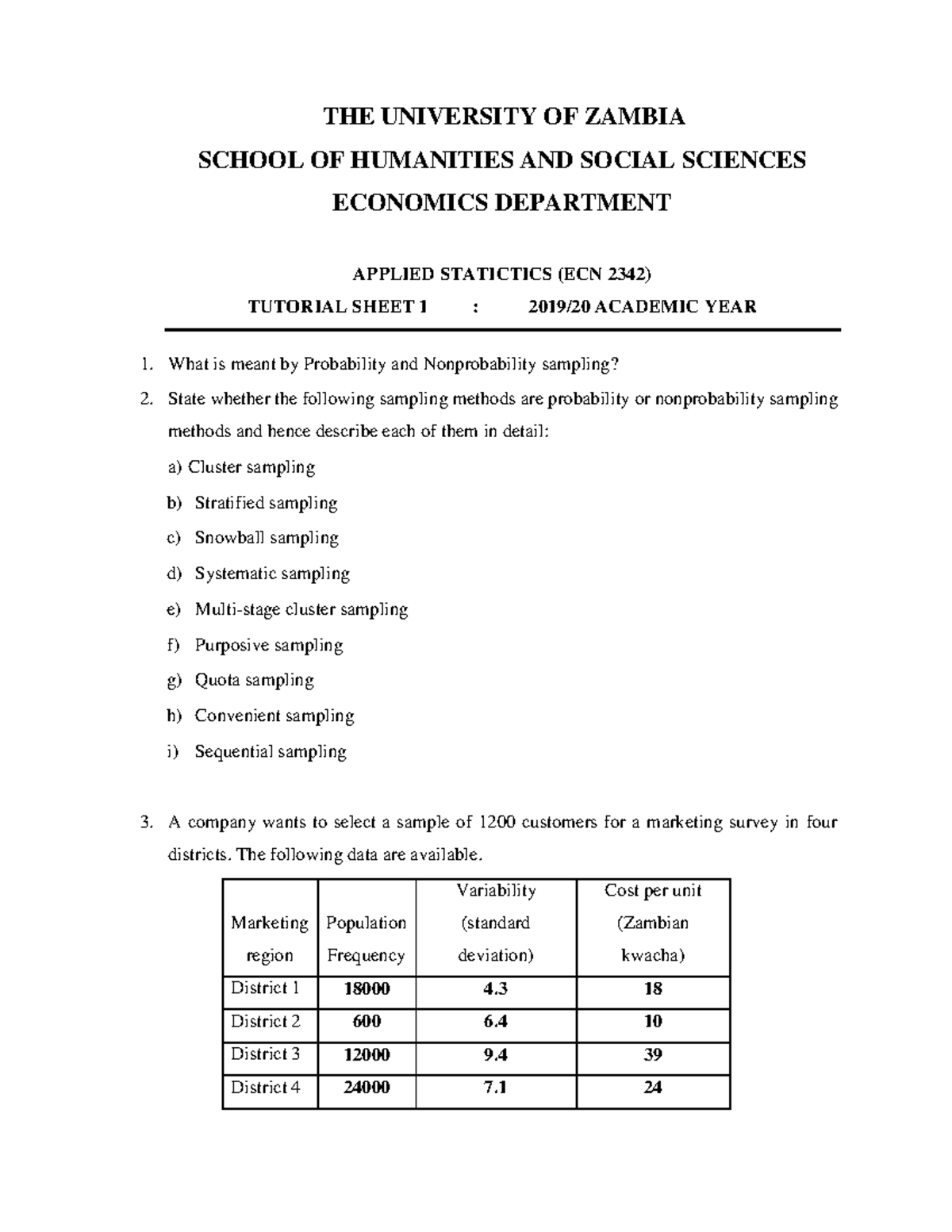 ECN 2342 - Tutorial Sheet 1 - THE UNIVERSITY OF ZAMBIA SCHOOL OF HUMANITIES AND SOCIAL SCIENCES ...