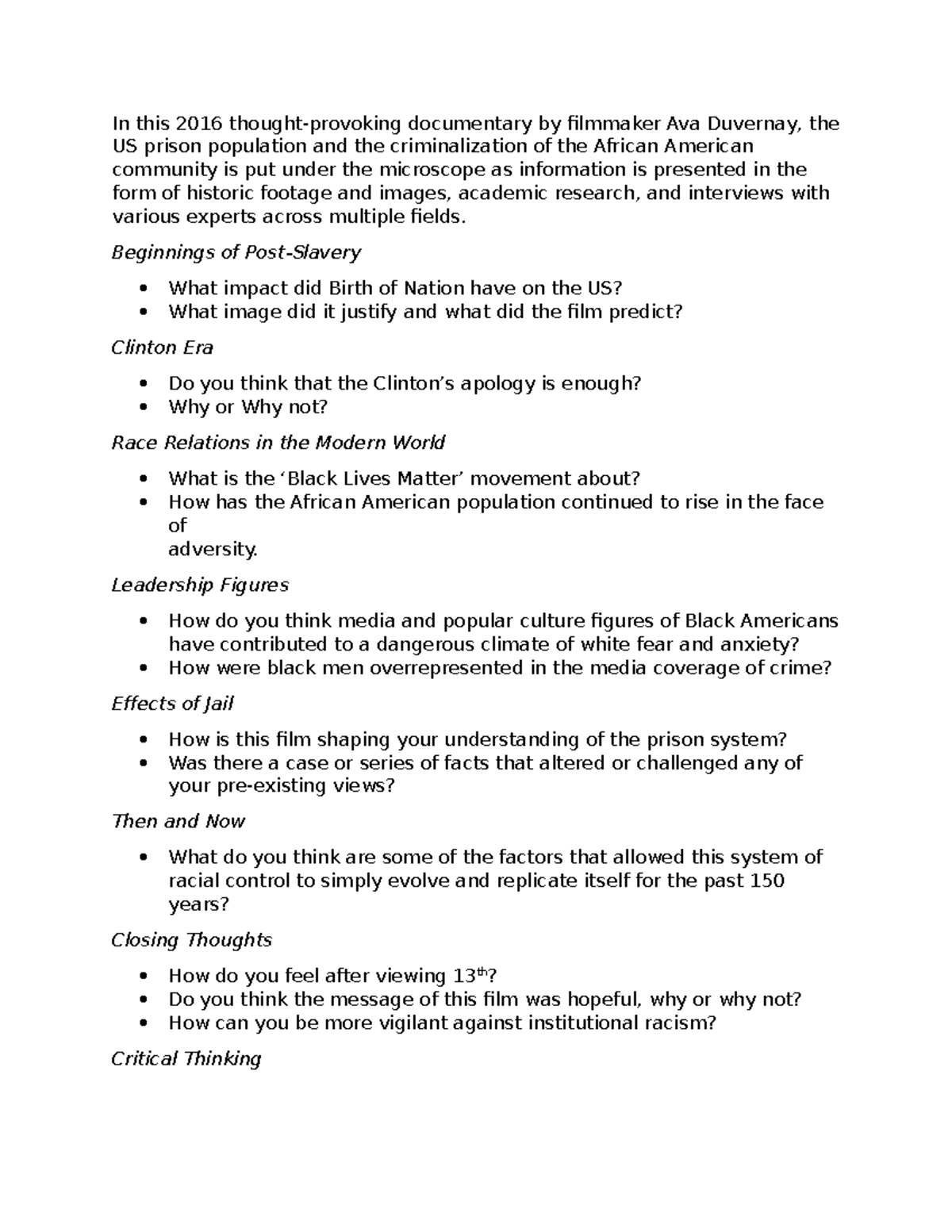 13th questions with rubric - In this 2016 thought-provoking documentary ...