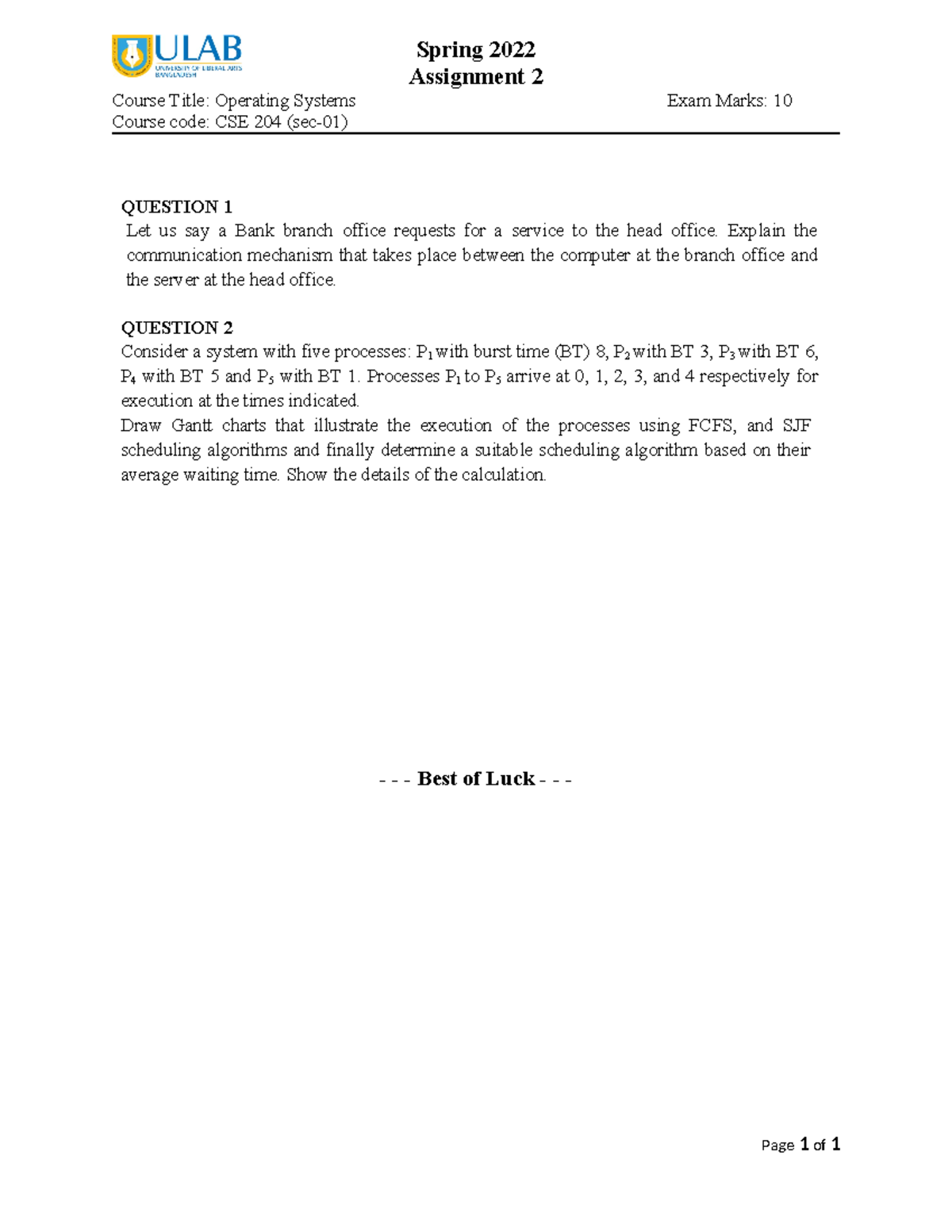 Cse204 Assignment 2 Academic Notes Spring 2022 Assignment 2 Course Title Operating Systems 2946