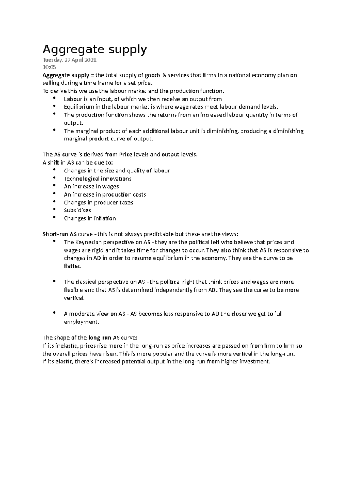 Aggregate Supply Macroeconomics For Business 17BSB023 Lough StuDocu