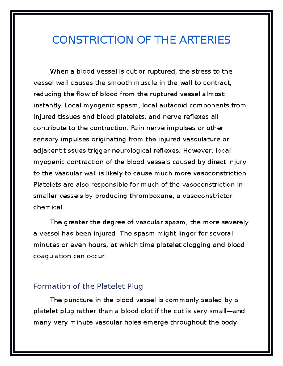 Constriction OF THE Arteries - CONSTRICTION OF THE ARTERIES When a ...