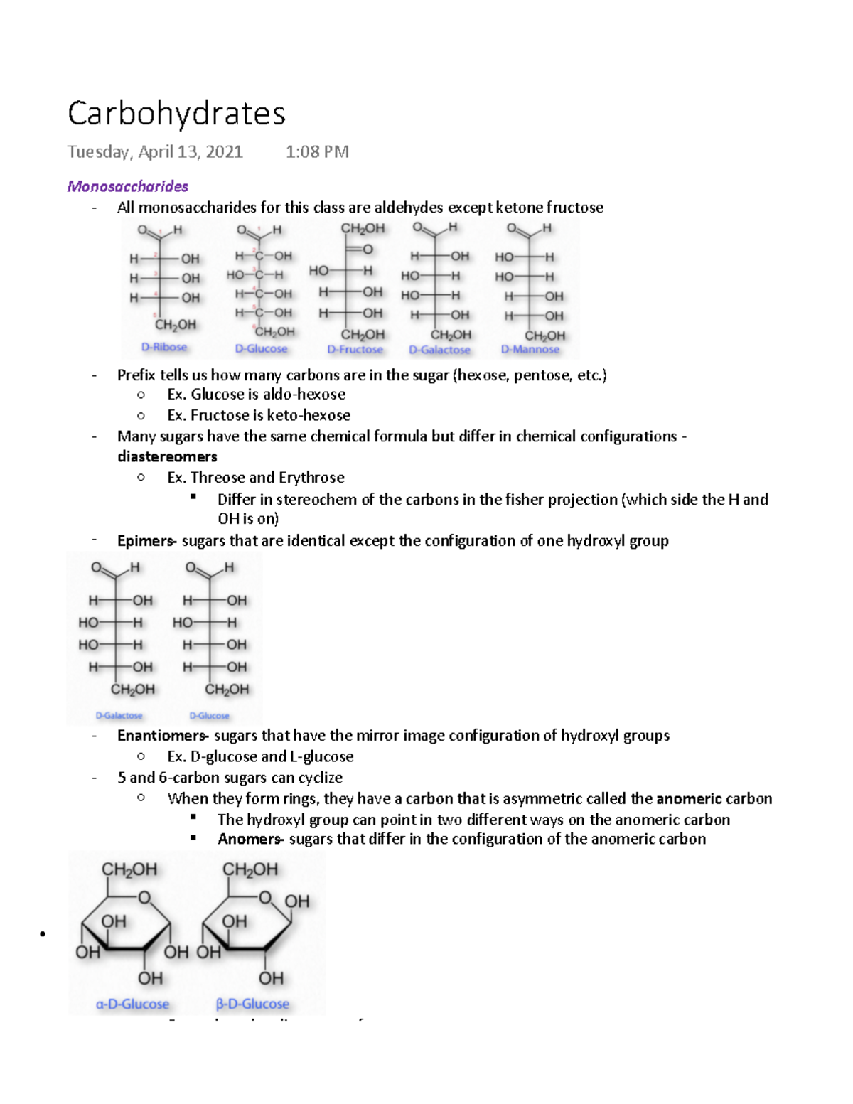 Biochem Carbohydrates - Lecture notes Week 3 Lecture 2 - 153A - UCLA ...