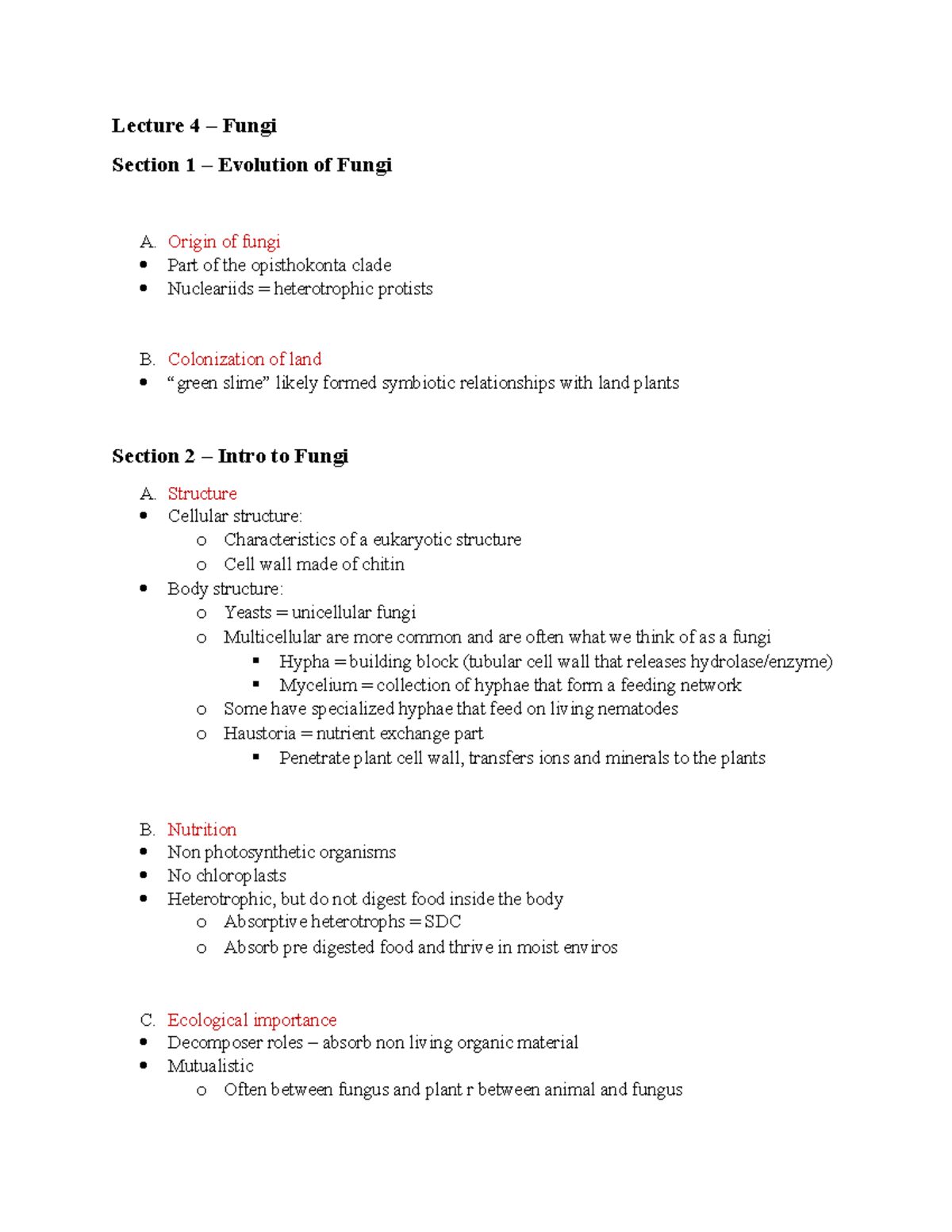 Lecture 4 Fungi - Lecture 4 – Fungi Section 1 – Evolution of Fungi A ...