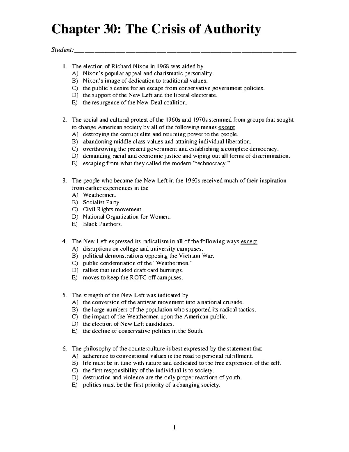 Brinkley 13 Ch30 - Test bank - Chapter 30: The Crisis of Authority ...