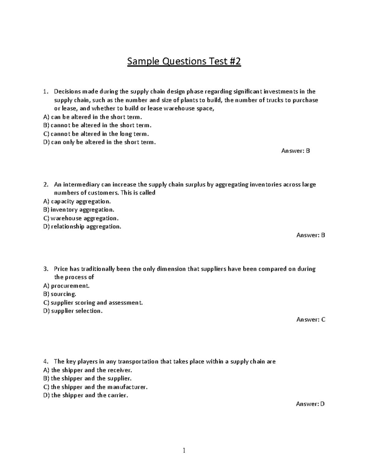 Sample Questions for Test 2 - 1 Sample Questions Test Decisions made ...