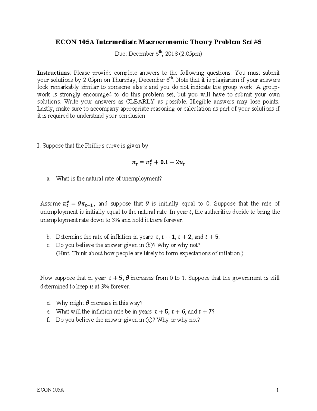 Problem Set #5 - dong won lee - ECON 105A Intermediate Macroeconomic Theory Problem Set Due ...