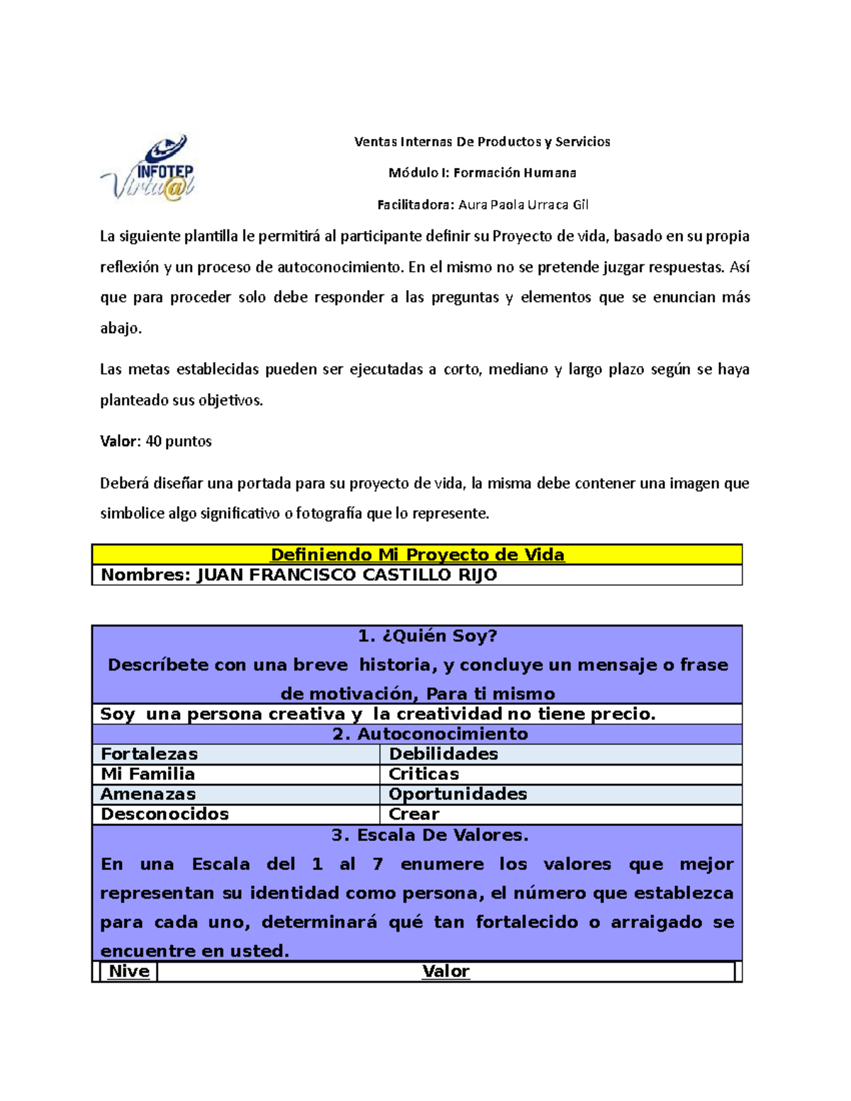Actividad I Proyecto De Vida Ventas Internas De Productos y Servicios ...