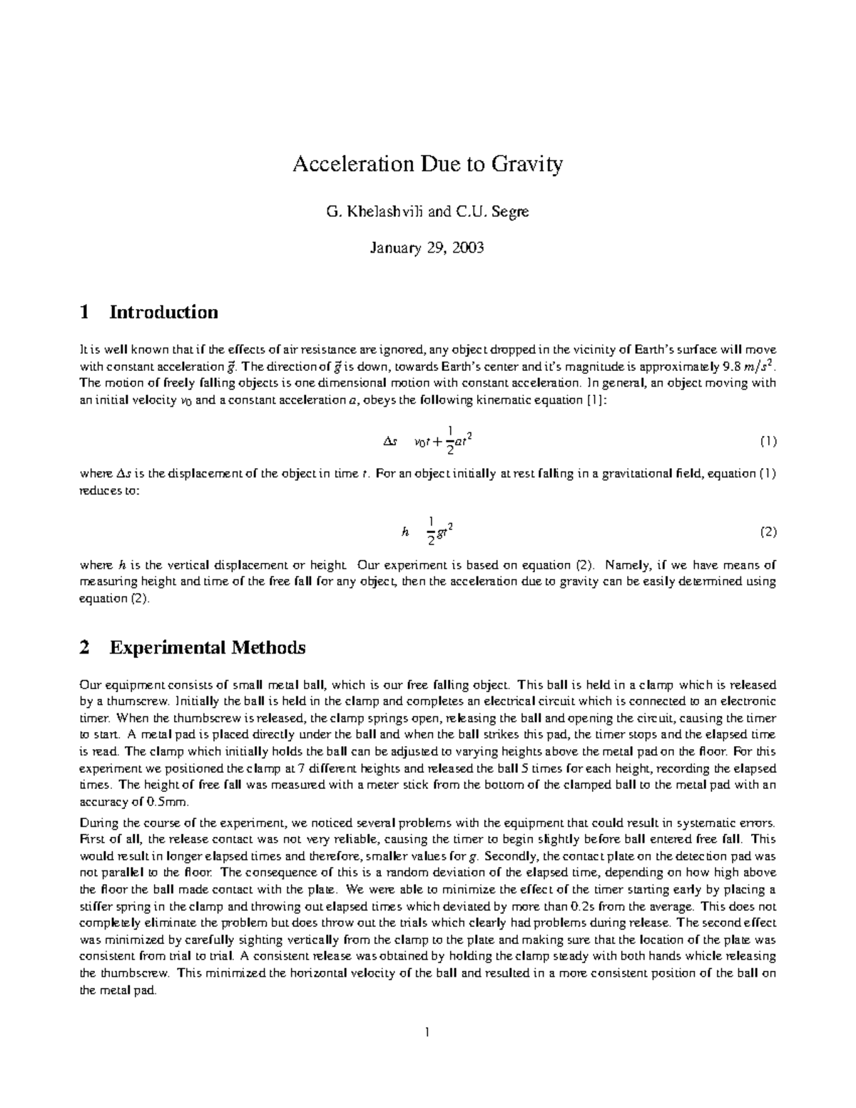 Lab repirt sample - 3e3e - Acceleration Due to Gravity G. Khelashvili ...
