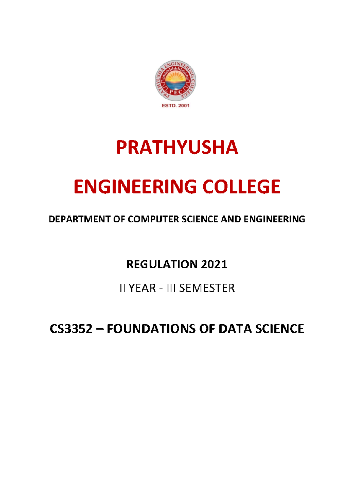 Data Science - PRATHYUSHA ENGINEERING COLLEGE DEPARTMENT OF COMPUTER SCIENCE AND ENGINEERING ...