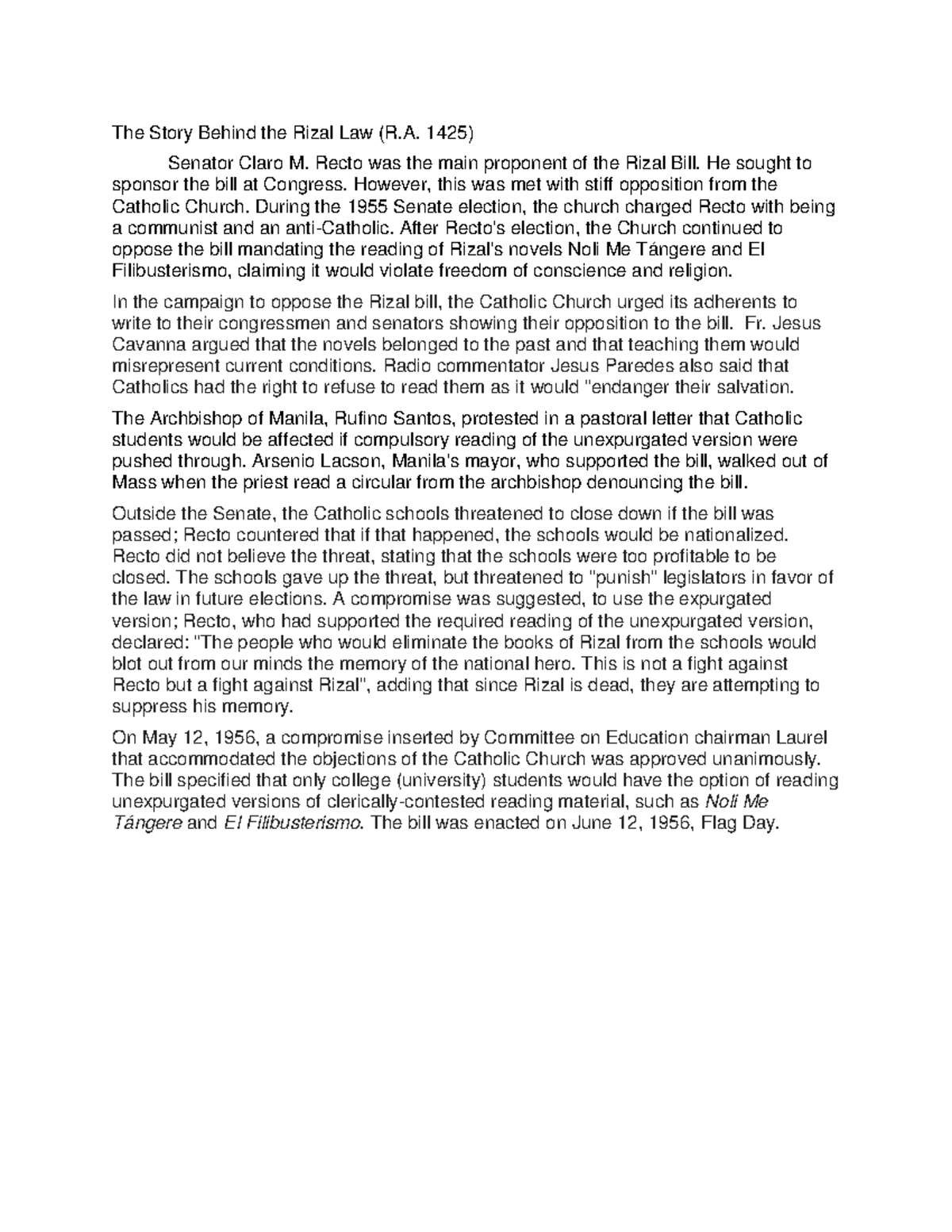 1.The Story Behind the Rizal Law - 1425) Senator Claro M. Recto was the ...
