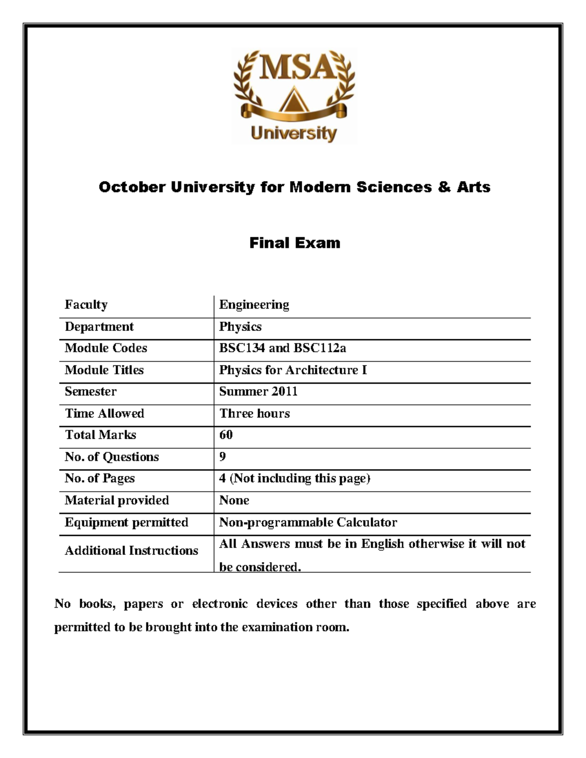 Final exam - Summer 2011 - October University for Modern Sciences ...